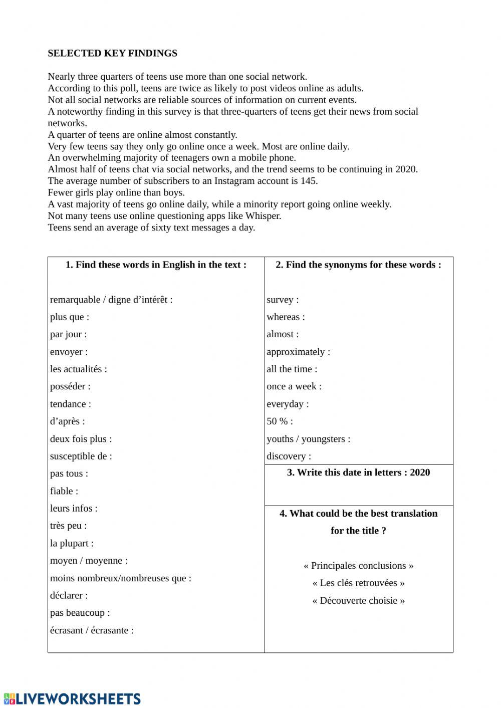 Reporting on a survey worksheet | Live Worksheets