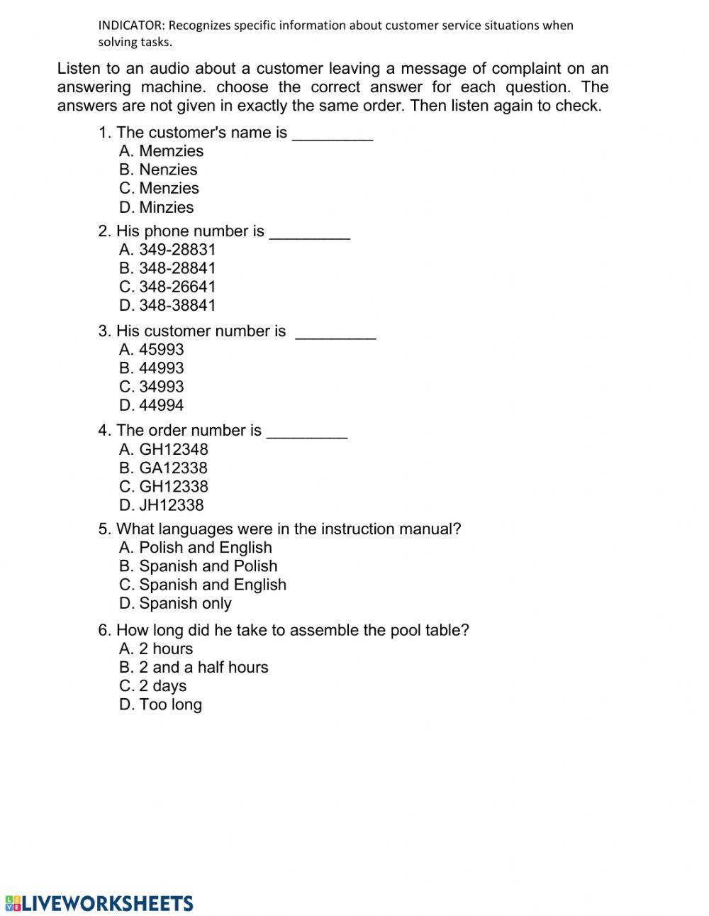 Customer service | Free Interactive Worksheets | 5420134