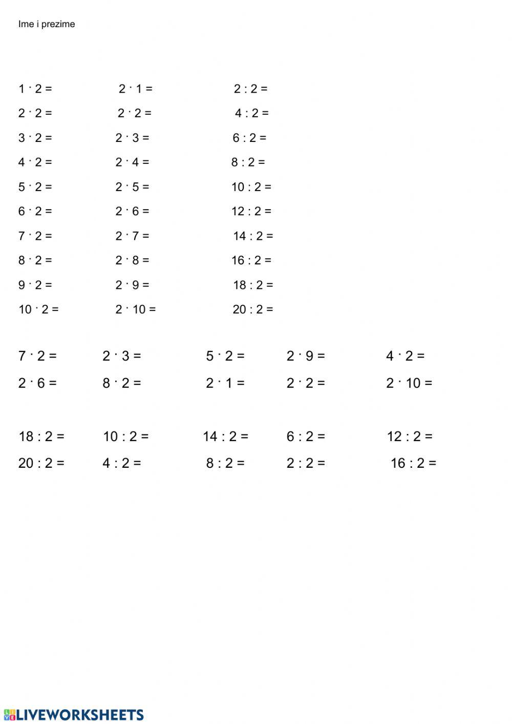 Množenje i dijeljenje brojem 2 worksheet | Live Worksheets