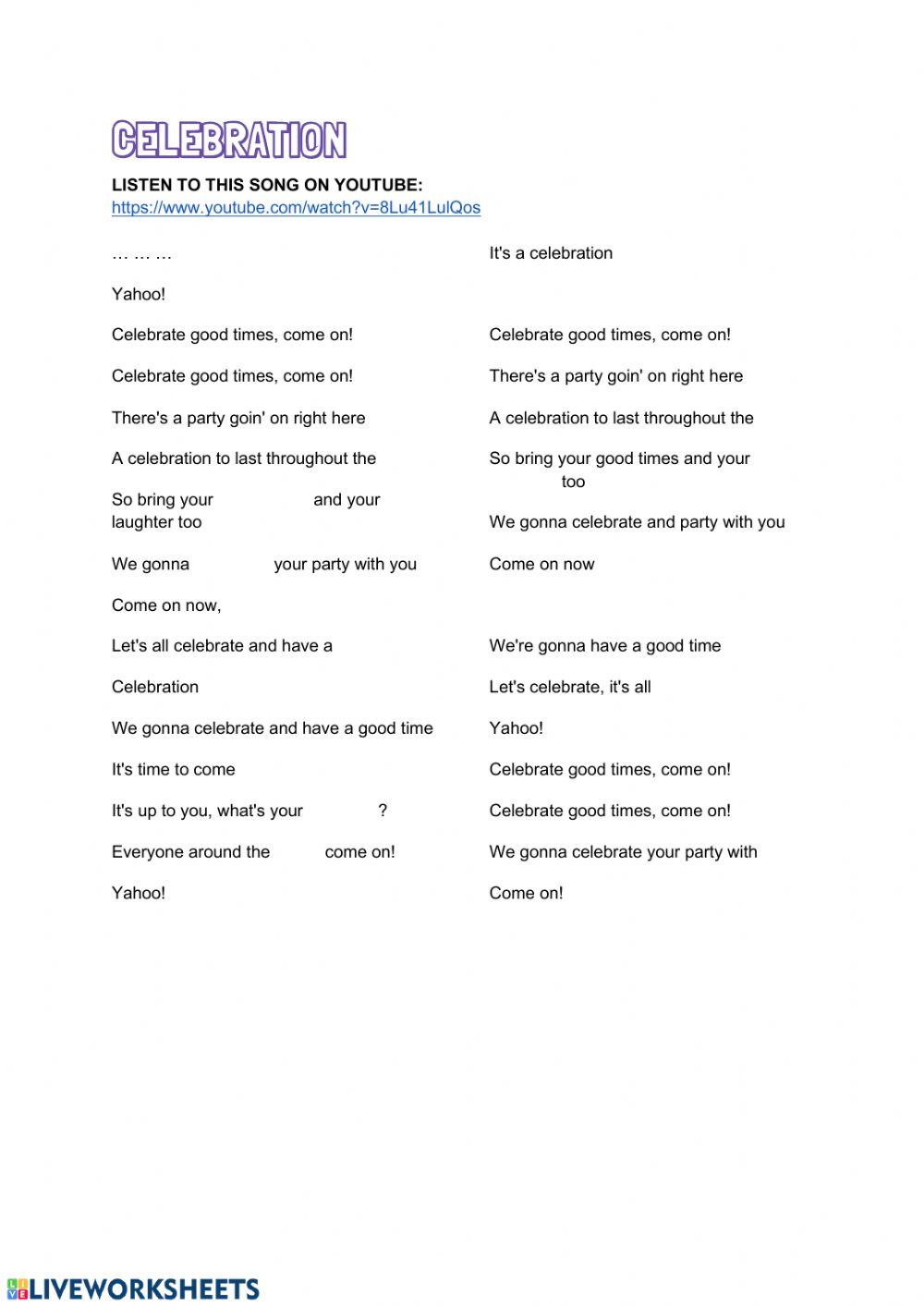 CELEBRATION - SONG! online exercise for | Live Worksheets