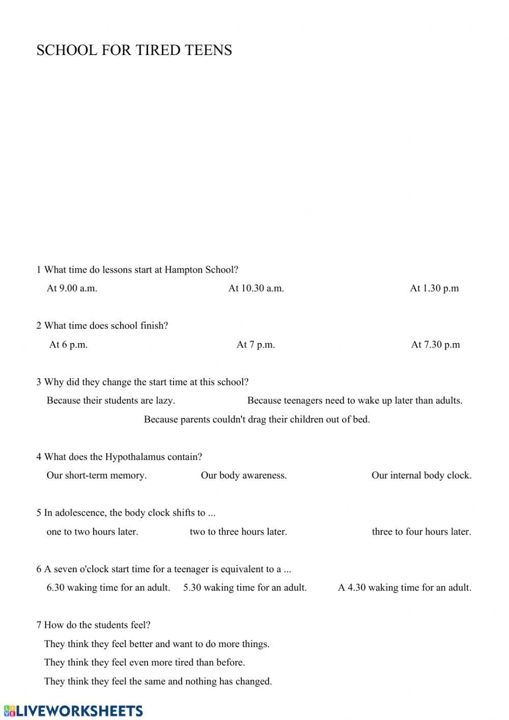 School for Tired Students worksheet | Live Worksheets