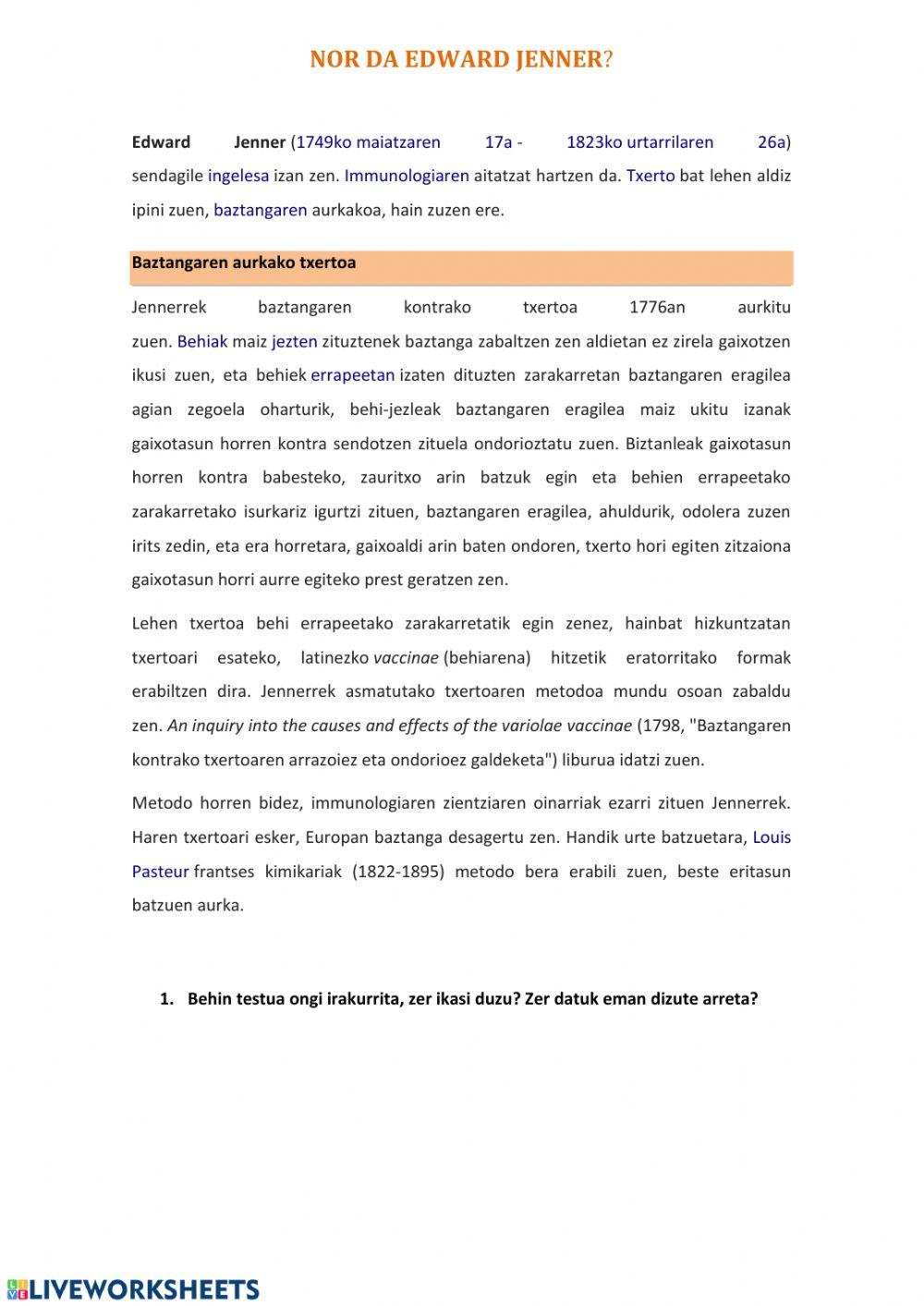 Nor da Edward Jenner worksheet | Live Worksheets