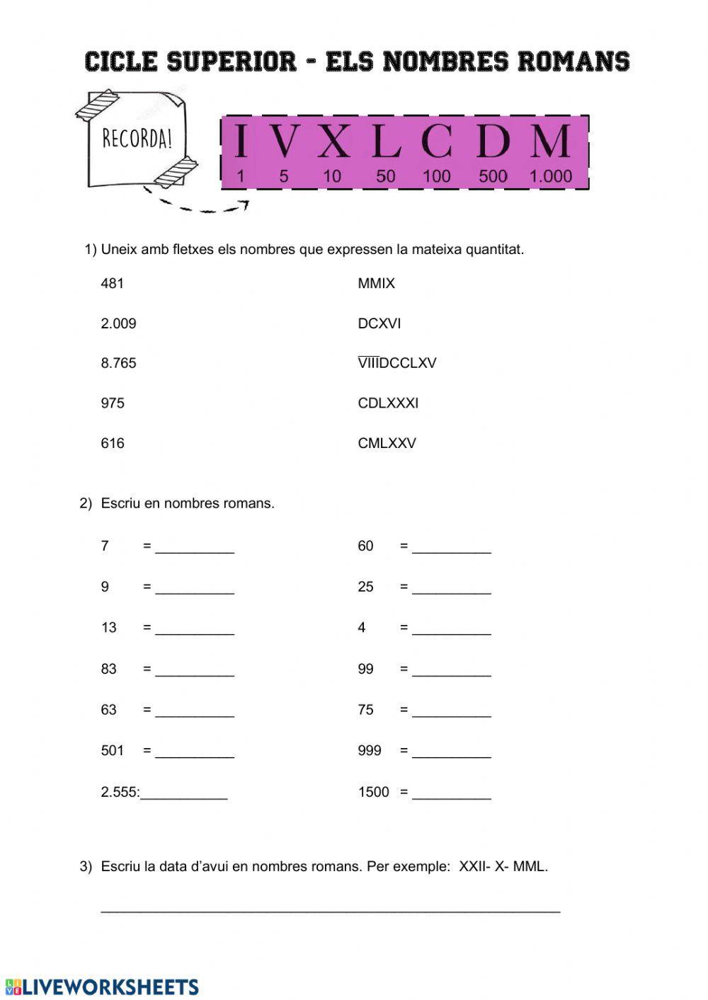 Nombres romans | Free Interactive Worksheets | 71420