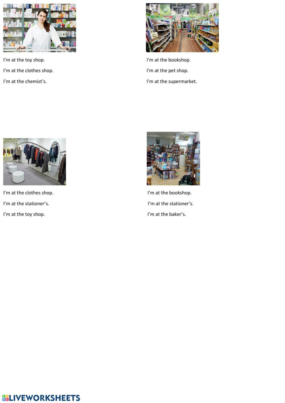 Shops in town choose the correct answer worksheet | Live Worksheets