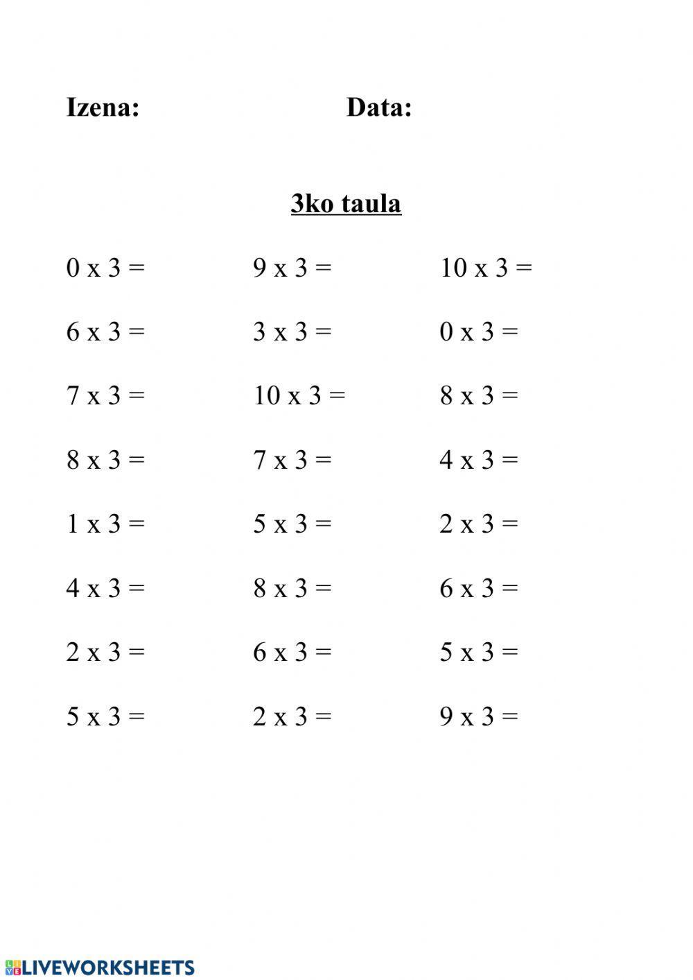 3ko taula | Free Interactive Worksheets | 72189