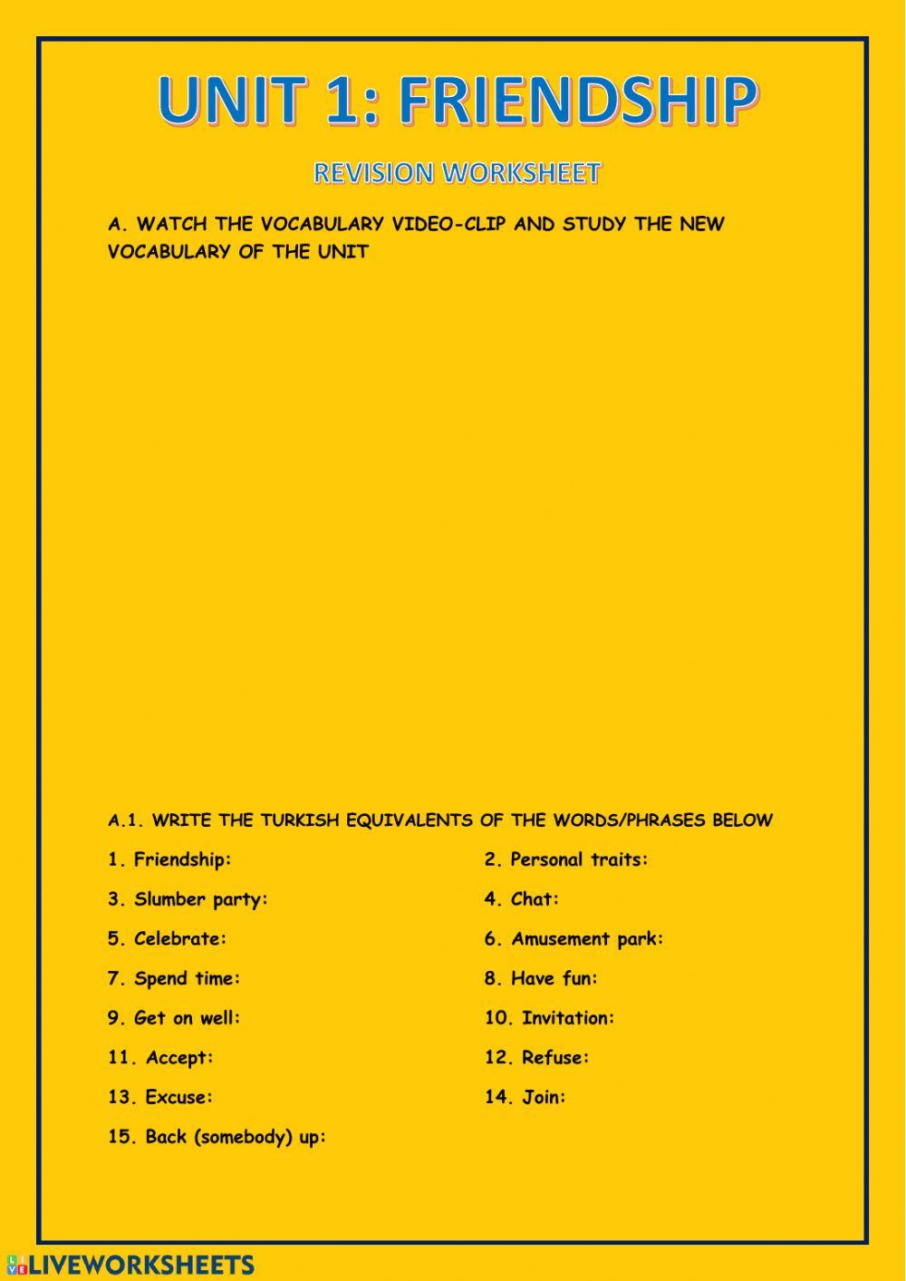 8th Grades Unit:1 Friendship Vocabulary Worksheet worksheet | Live ...