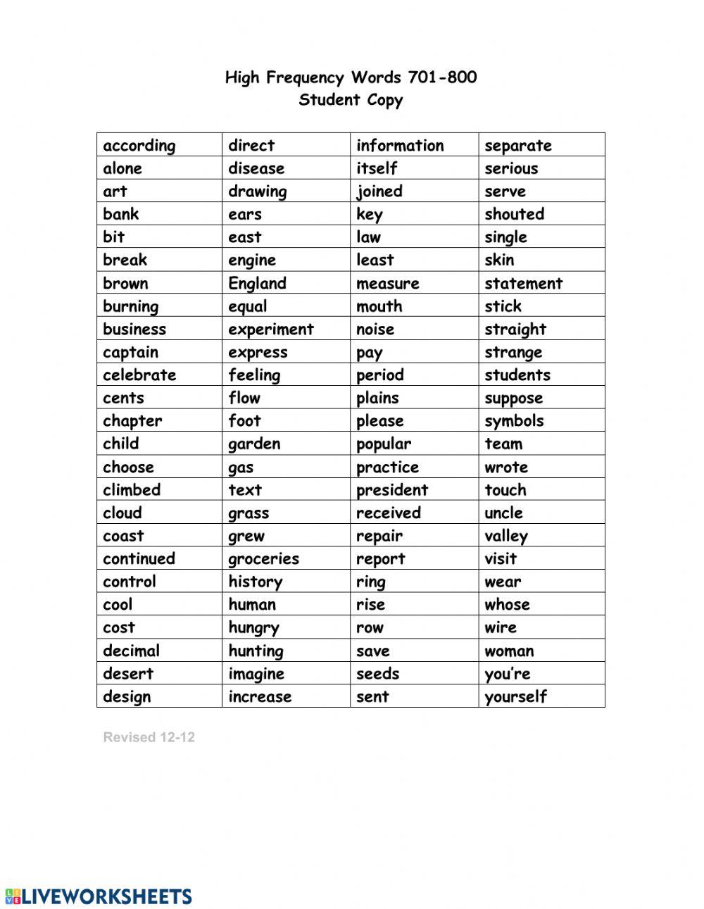 High Frequency Words worksheet | Live Worksheets