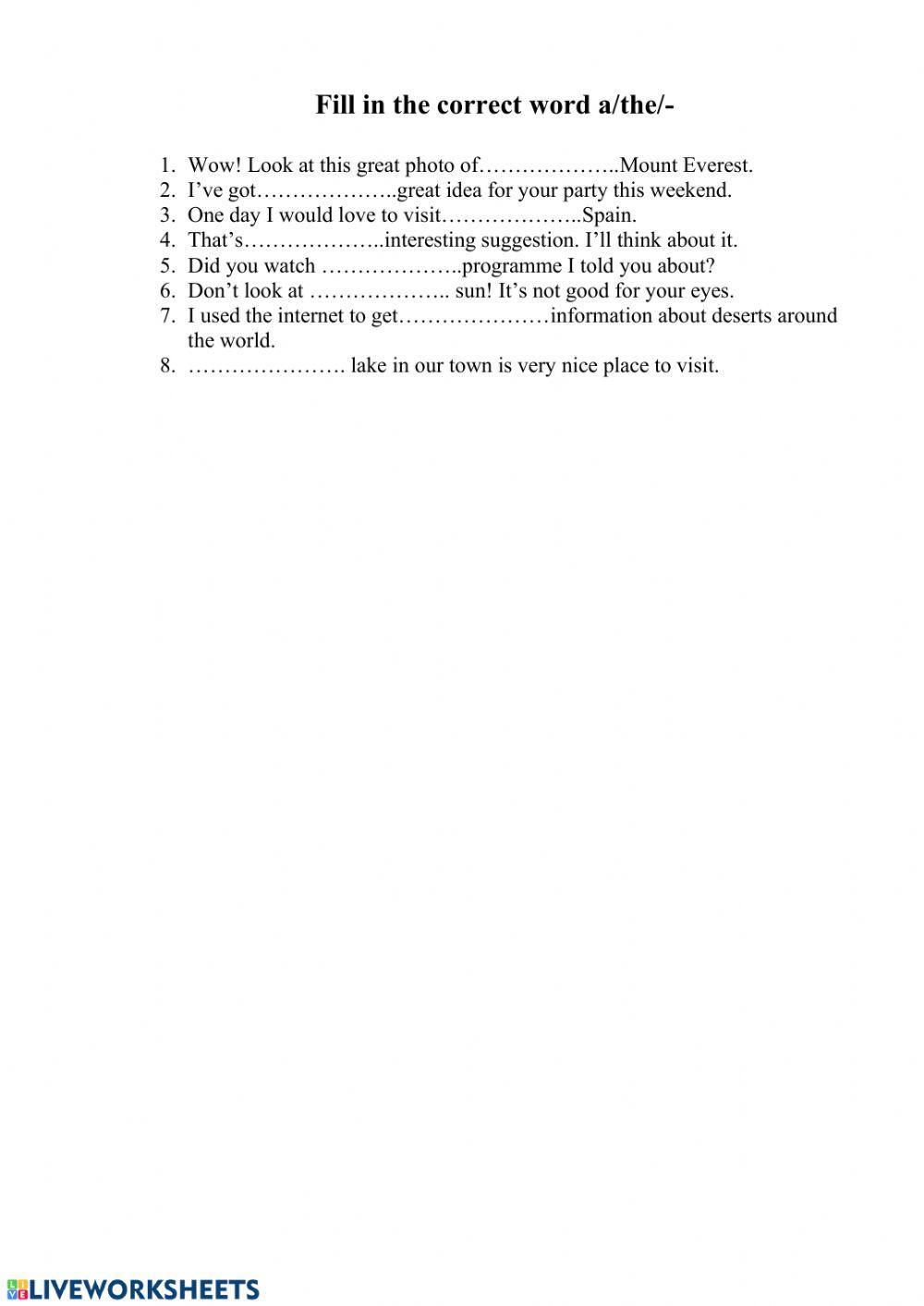 Articles English language worksheet | Live Worksheets