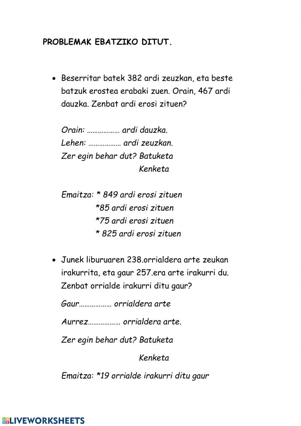 Problemak ebazt… | Free Interactive Worksheets | 74355