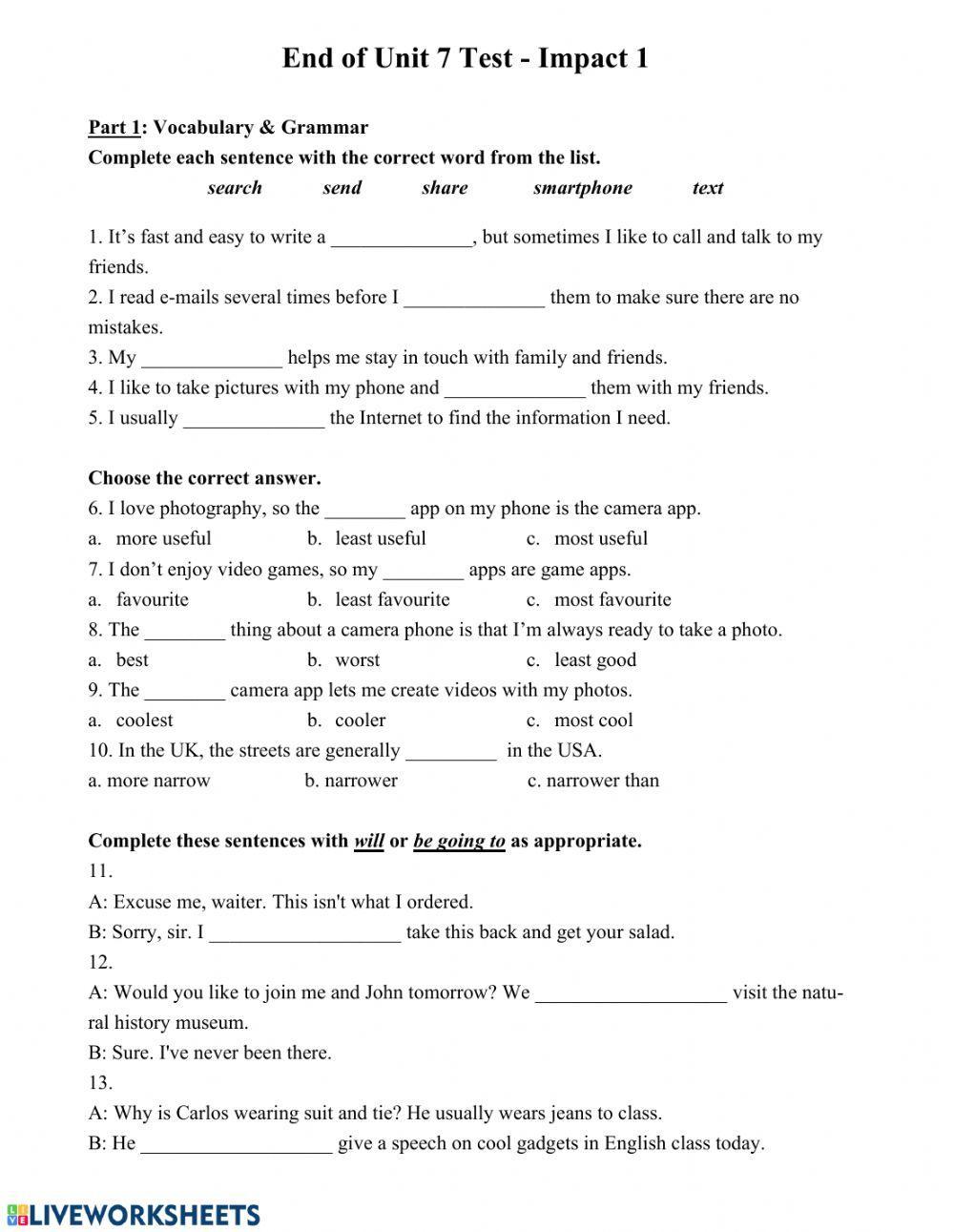 Impact 1 - End-… | Free Interactive Worksheets | 74485