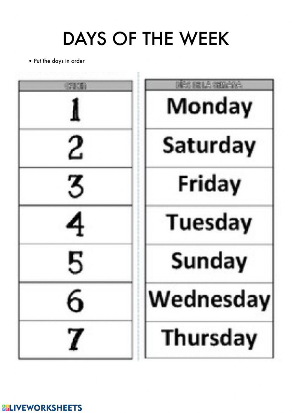 Vocabulary-days of the week worksheet | Live Worksheets