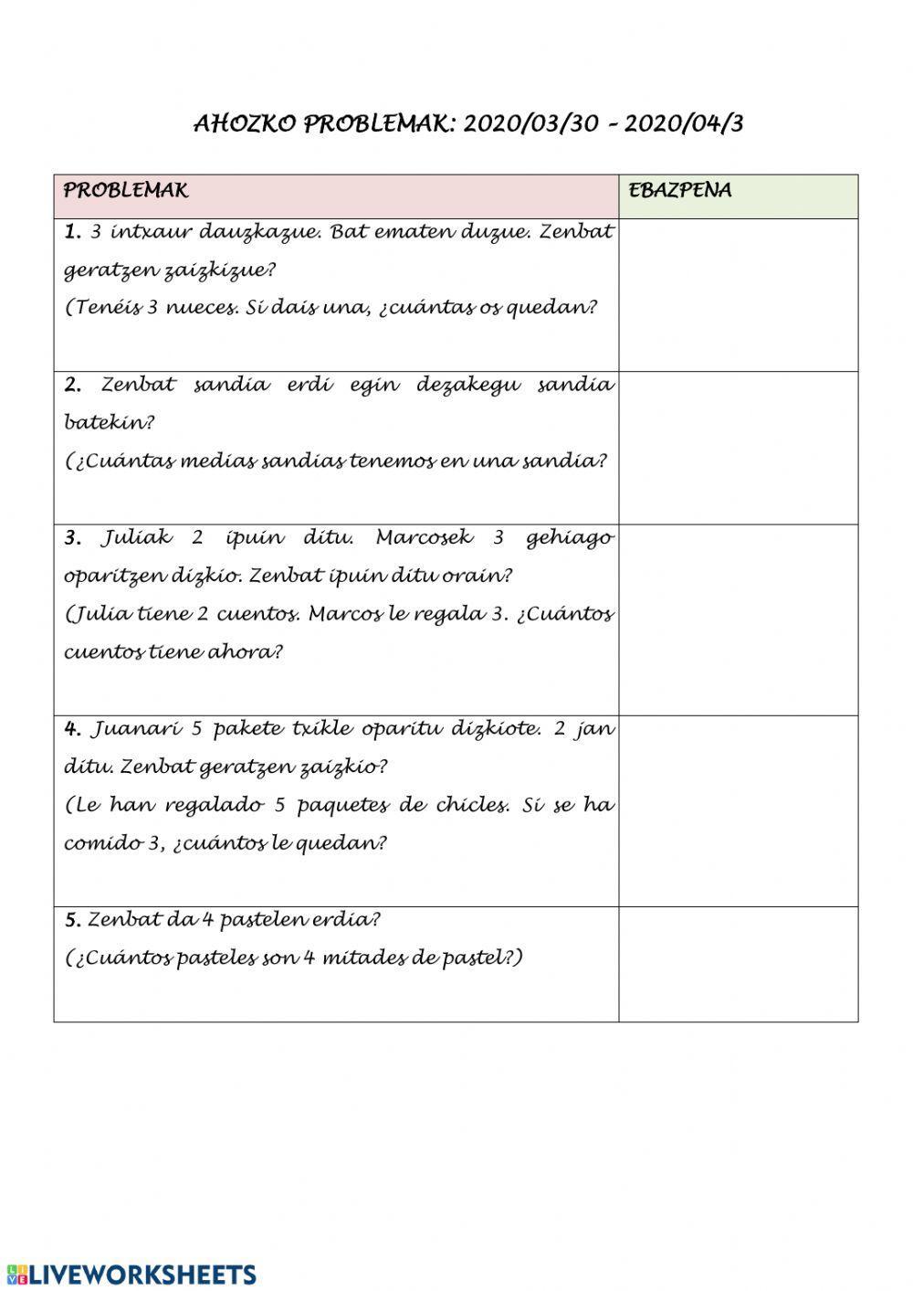 Ahozko problemak | Free Interactive Worksheets | 74835