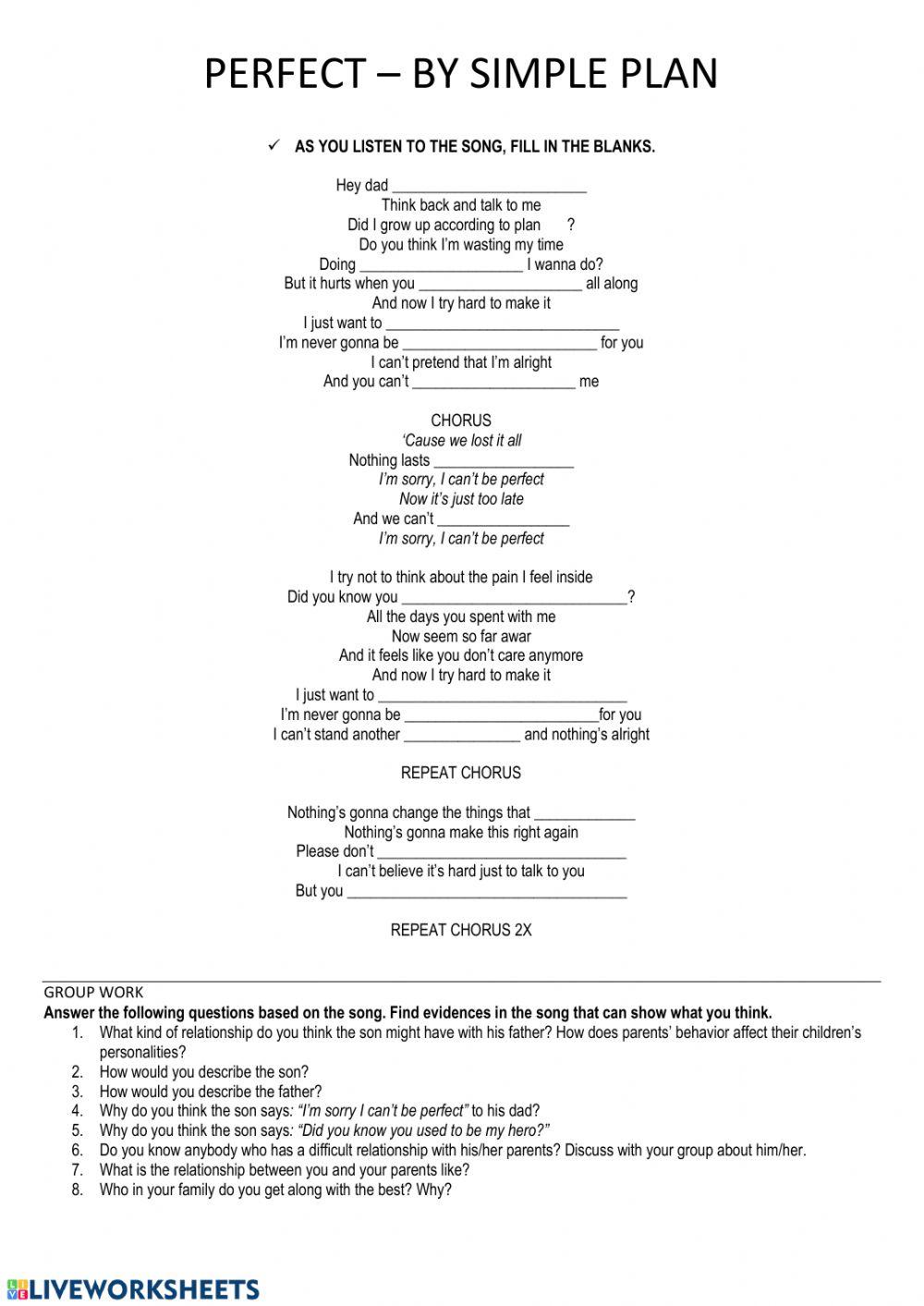 Perfect (Simple Plan) online exercise for | Live Worksheets