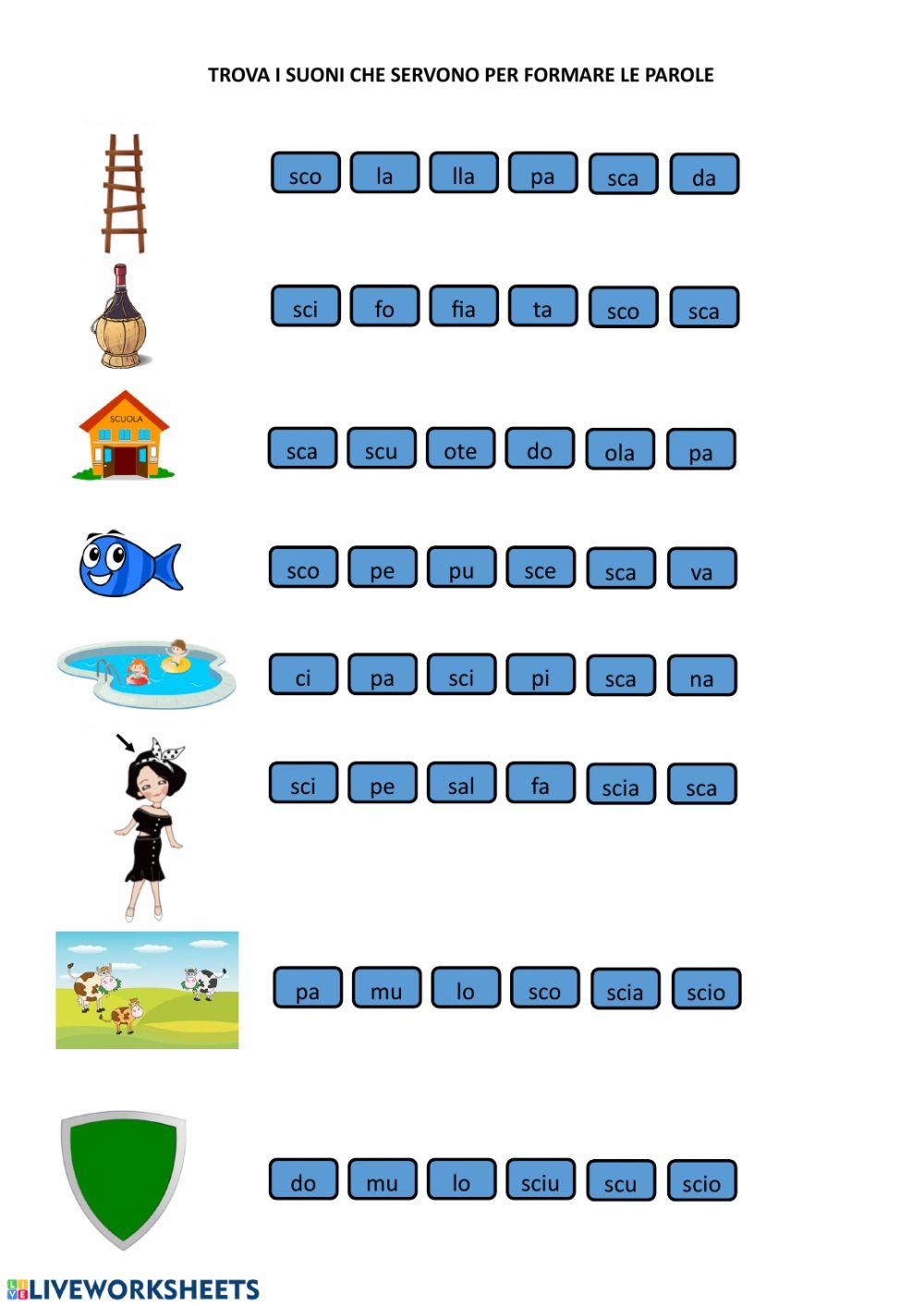 Trova i suoni che servono per formare le parole worksheet | Live Worksheets