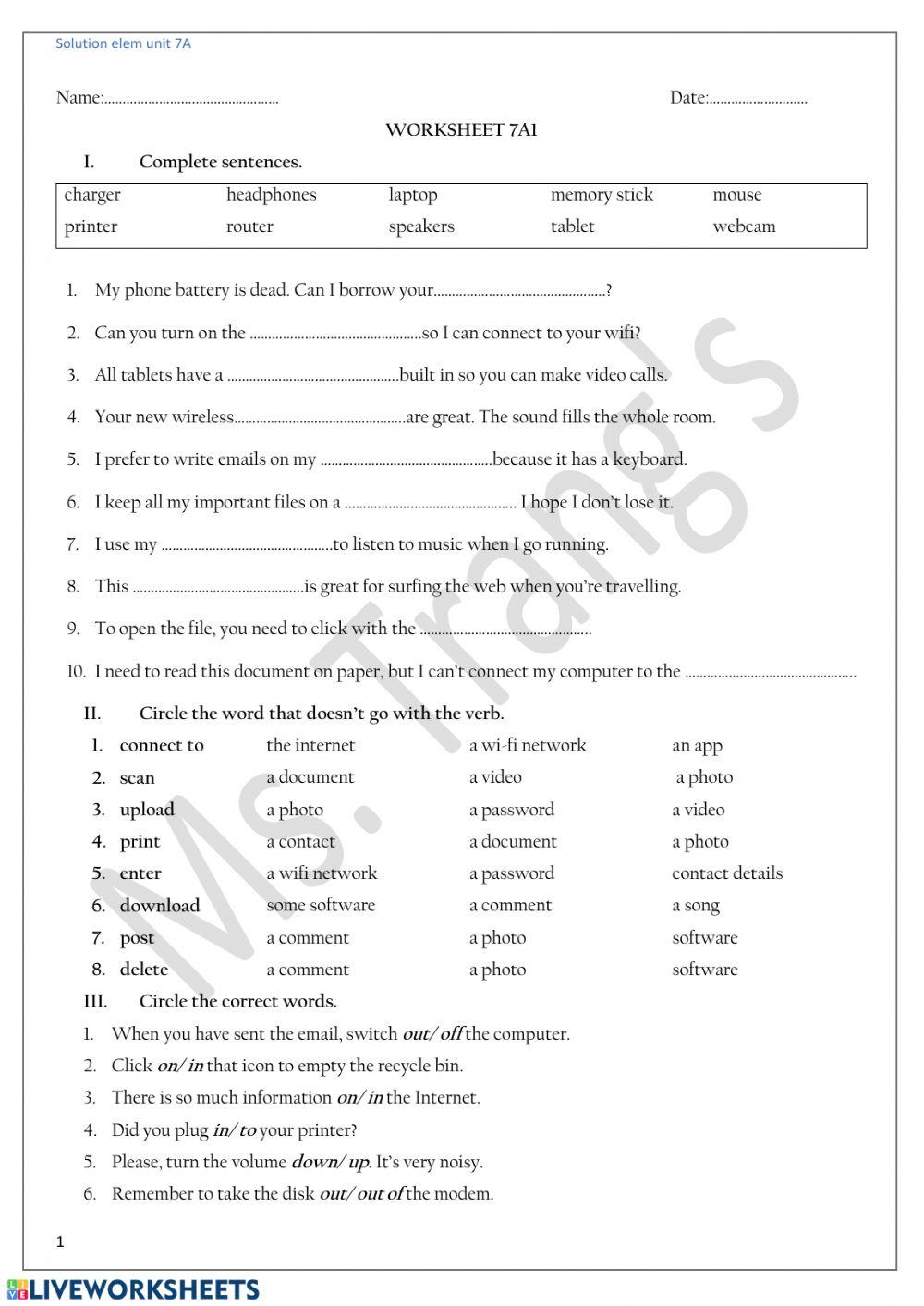 Solution Elem 7A1 worksheet | Live Worksheets