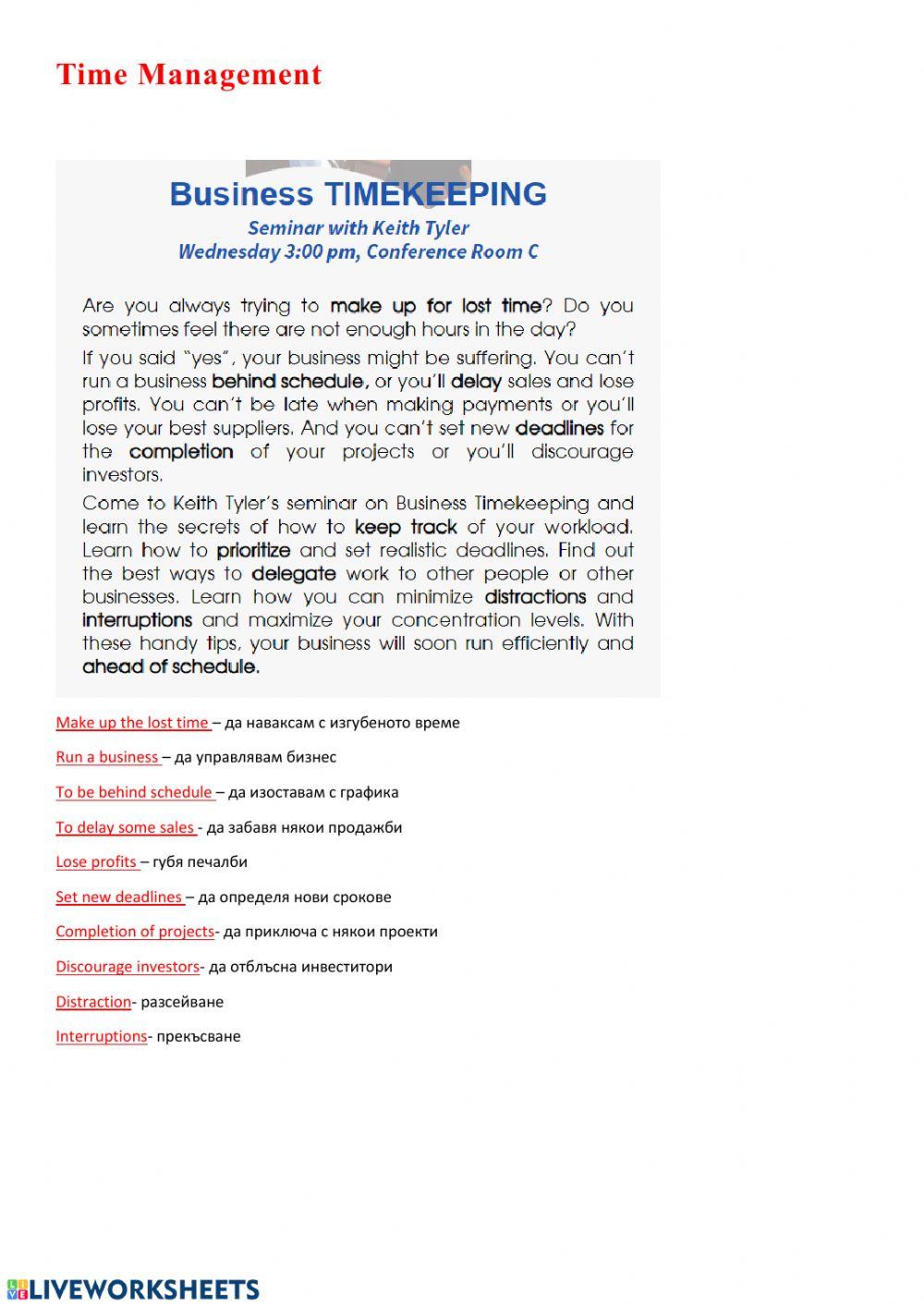 Time Managing worksheet | Live Worksheets