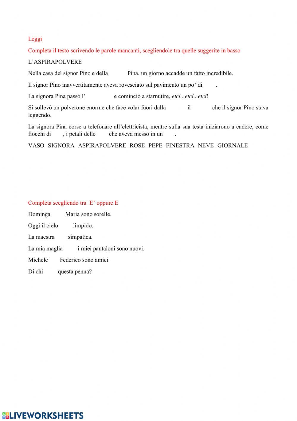 italiano - completa online exercise for | Live Worksheets