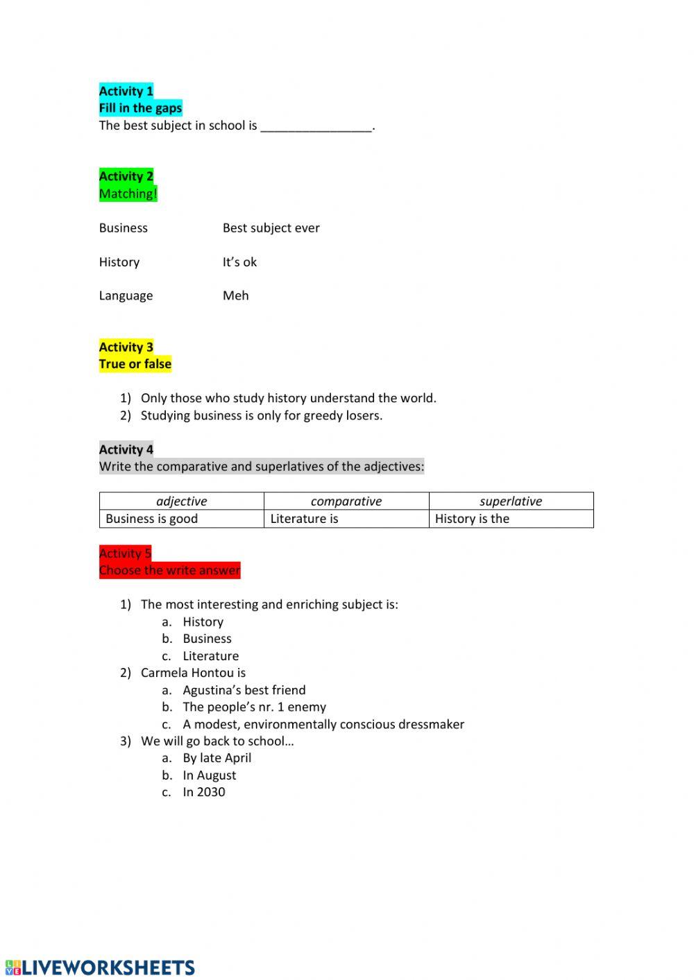 Subject ranking - trial worksheet | Live Worksheets