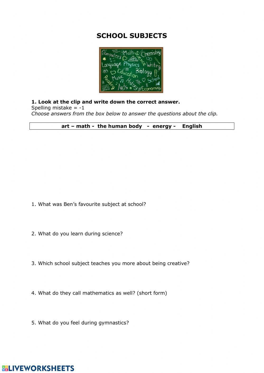 School subjects interactive worksheet for Grade 1 | Live Worksheets