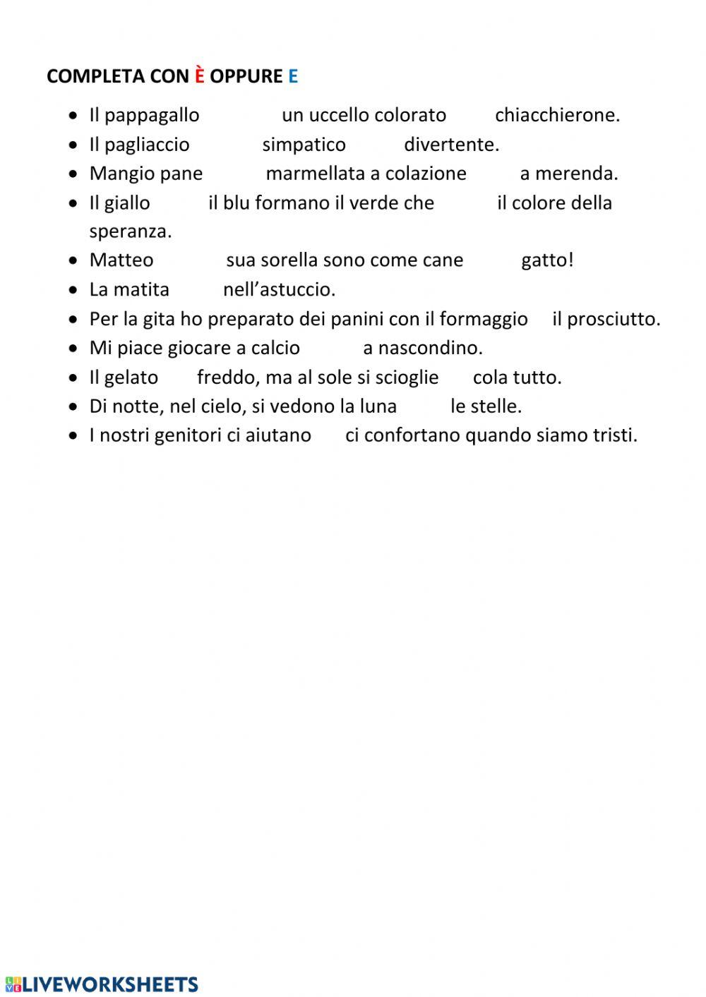 Attività è oppure e. worksheet | Live Worksheets