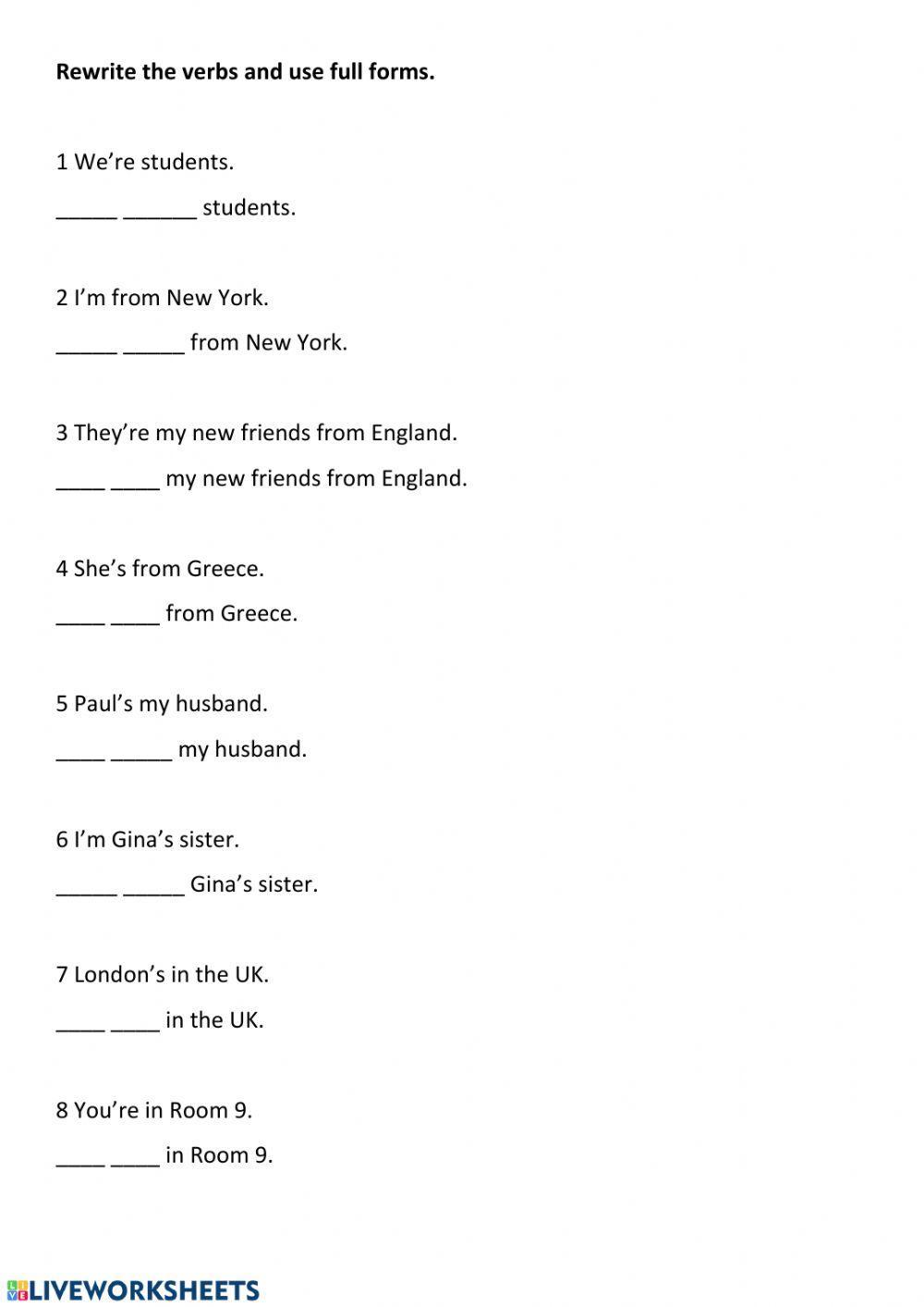 Full form of the verb (TO) BE worksheet | Live Worksheets