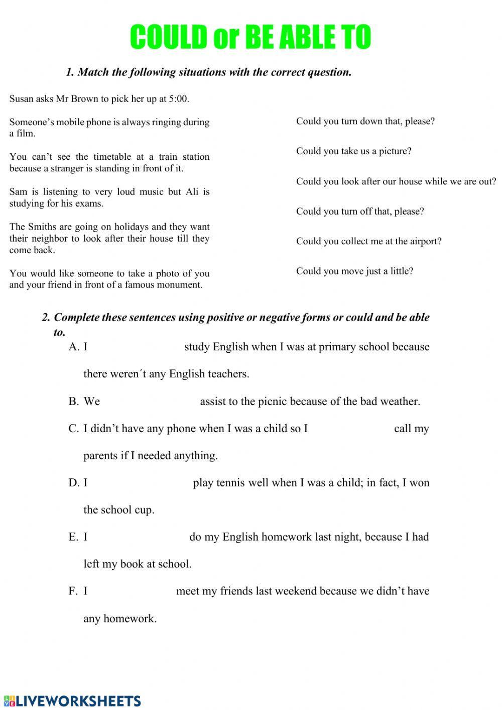 Could or Be able to worksheet | Live Worksheets