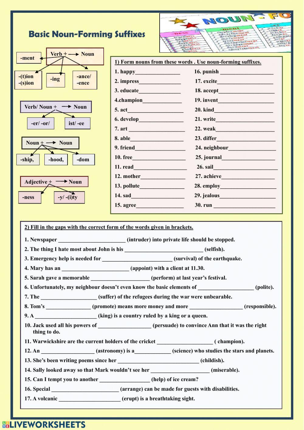 Noun Suffixes | Free Interactive Worksheets | 77425