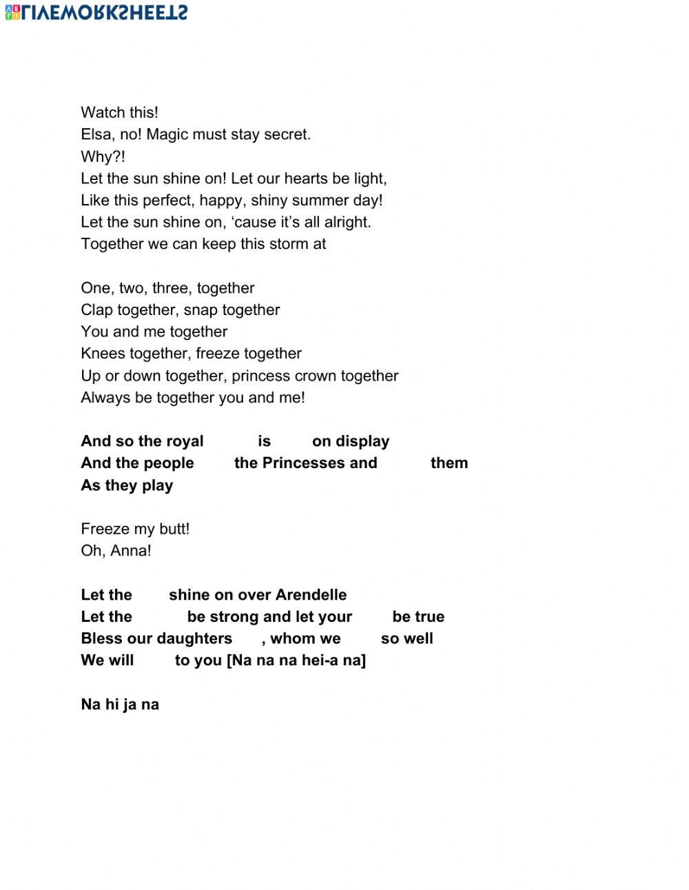 Let The Sun Shine On Lyric Sheet Worksheet Live Worksheets