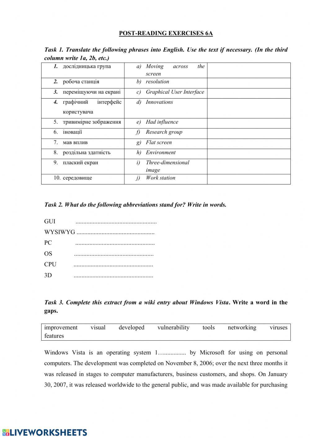 Unit 6. Tasks after 6A worksheet | Live Worksheets
