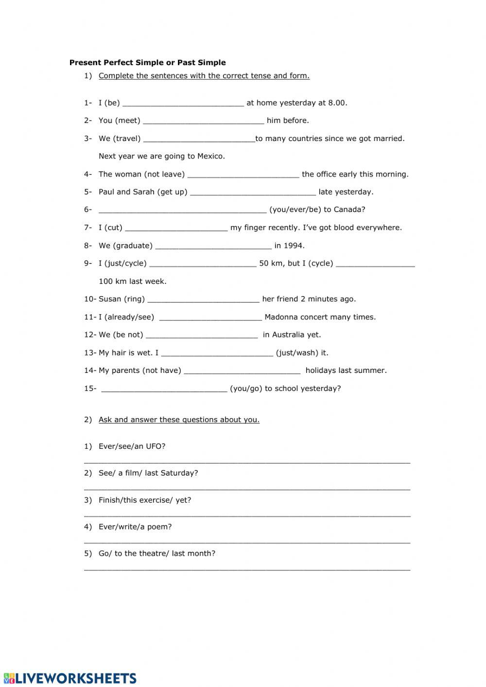 Present perfect simple or past simple worksheet | Live Worksheets