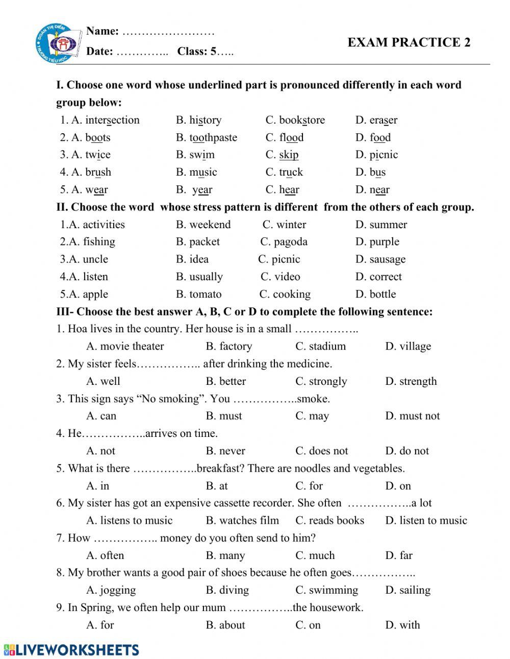 Exam Practice 2 | Free Interactive Worksheets | 85484
