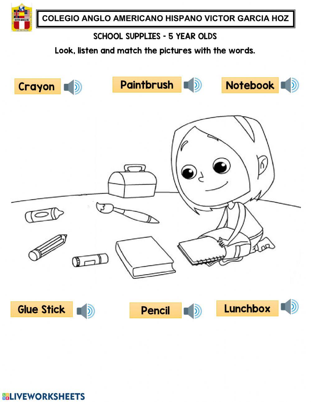 School supplies – 5 year olds worksheet | Live Worksheets