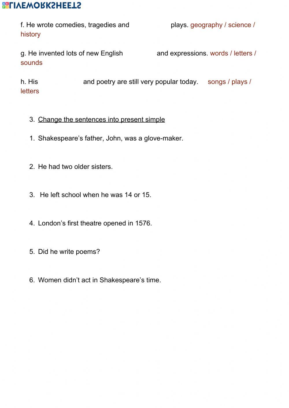 William Shakespeare online exercise for | Live Worksheets
