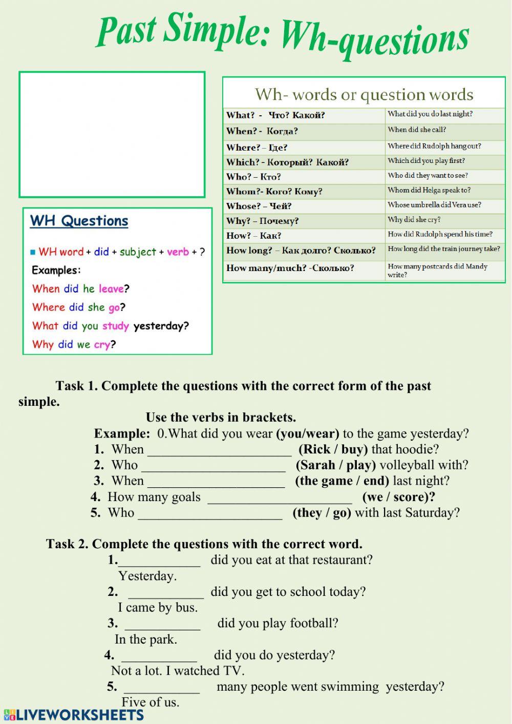 Past simmple: Wh-questions worksheet | Live Worksheets
