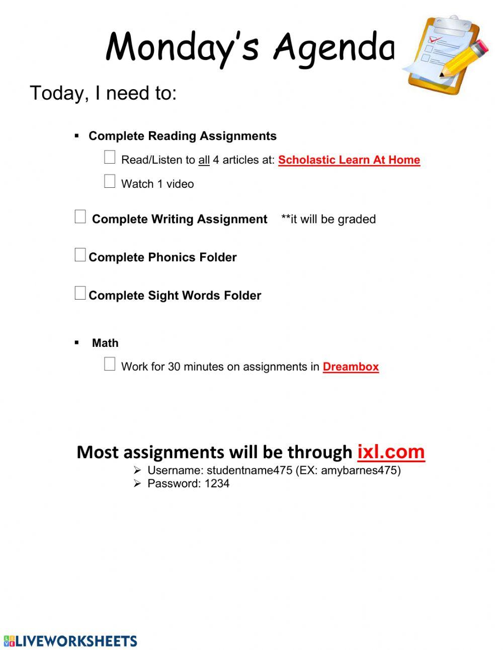 Mondays agenda worksheet | Live Worksheets