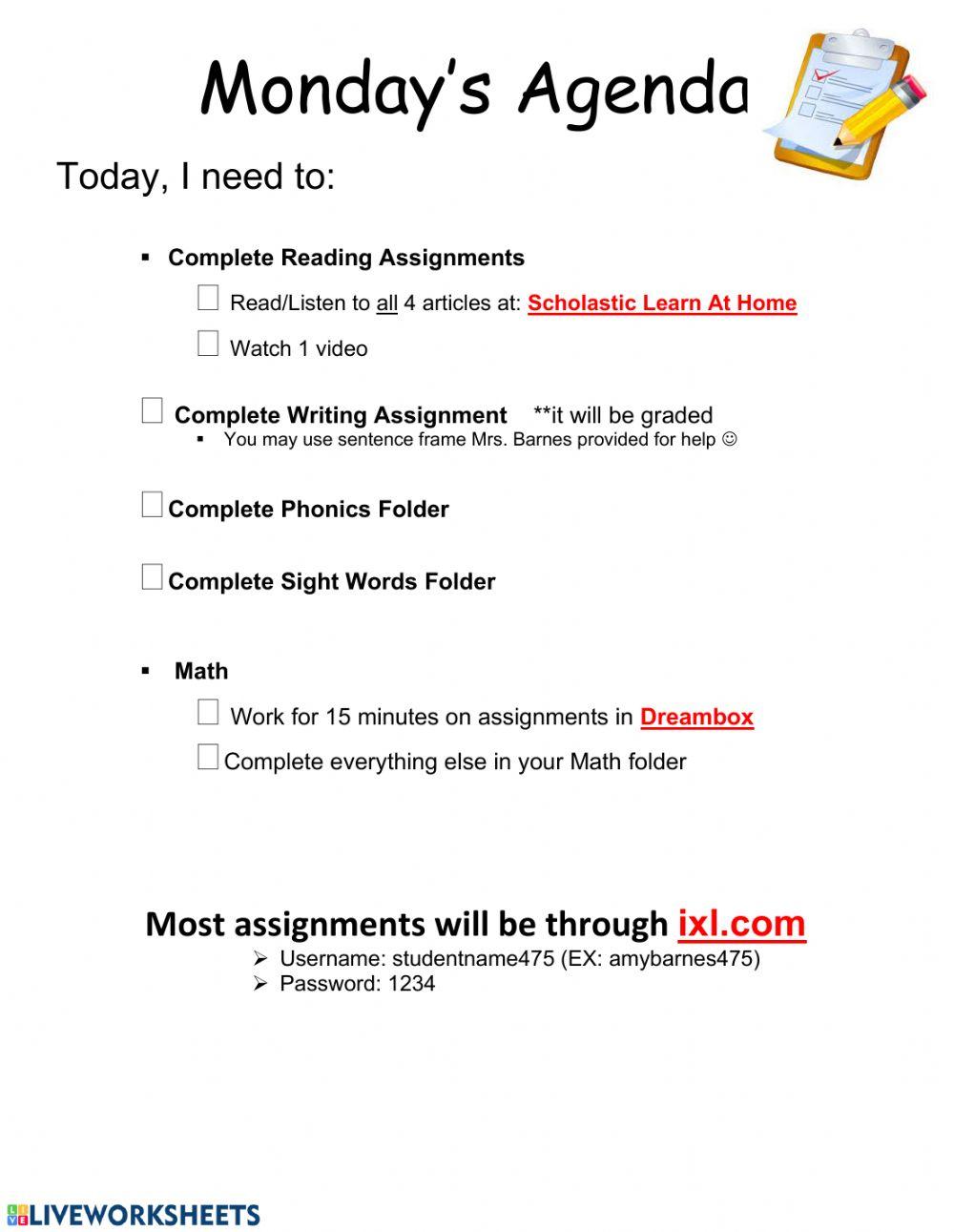 Mondays agenda interactive worksheet | Live Worksheets