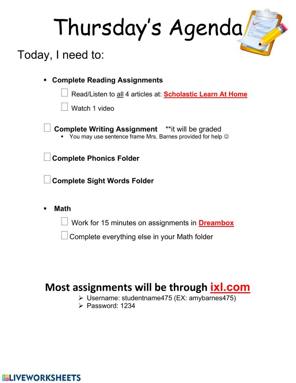 Thursday's Agenda activity | Live Worksheets