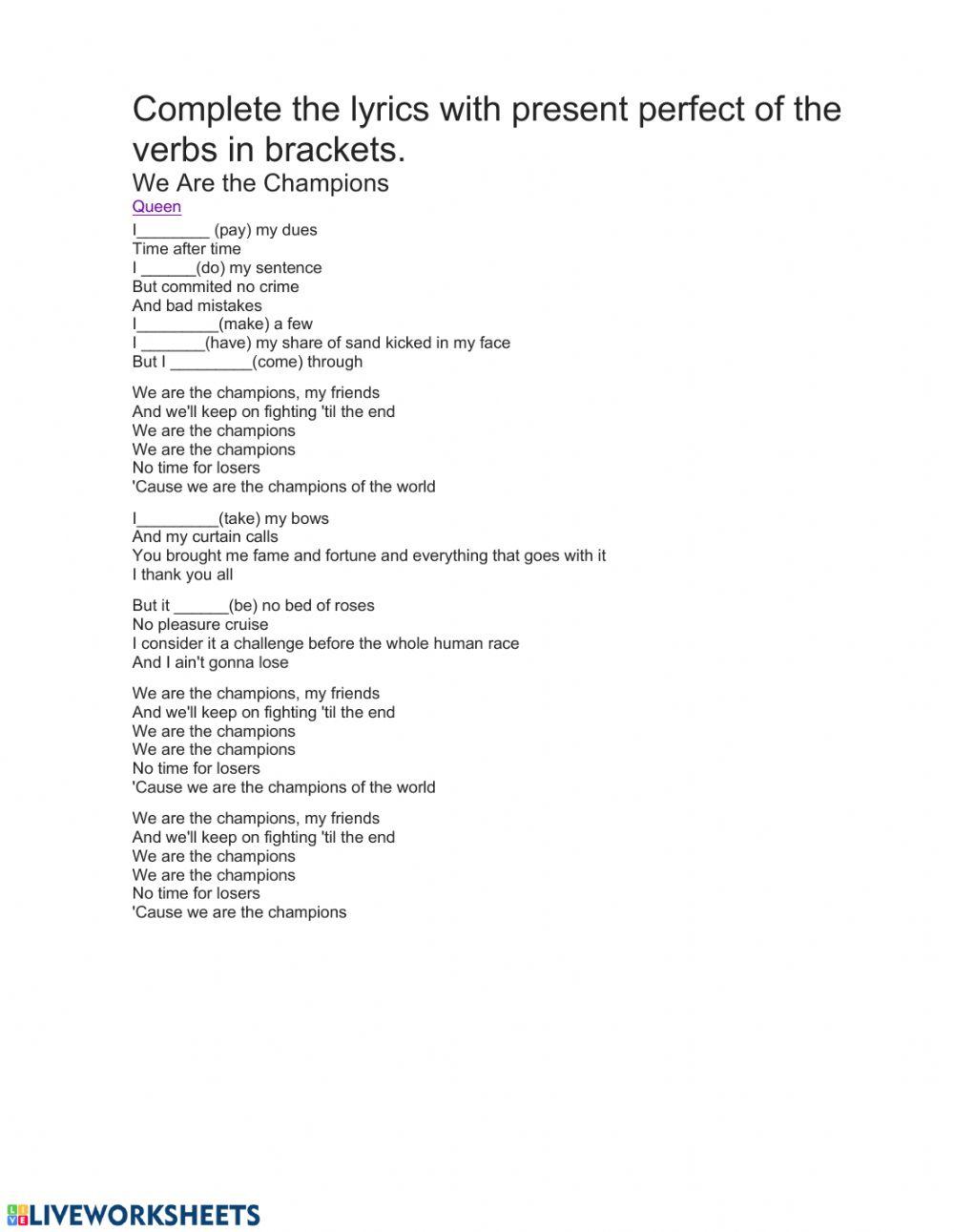 Present perfect lyrics gapfil worksheet | Live Worksheets