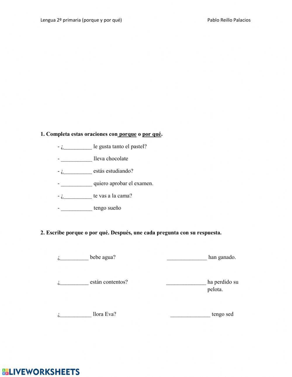 Porque y por qué | Free Interactive Worksheets | 95410