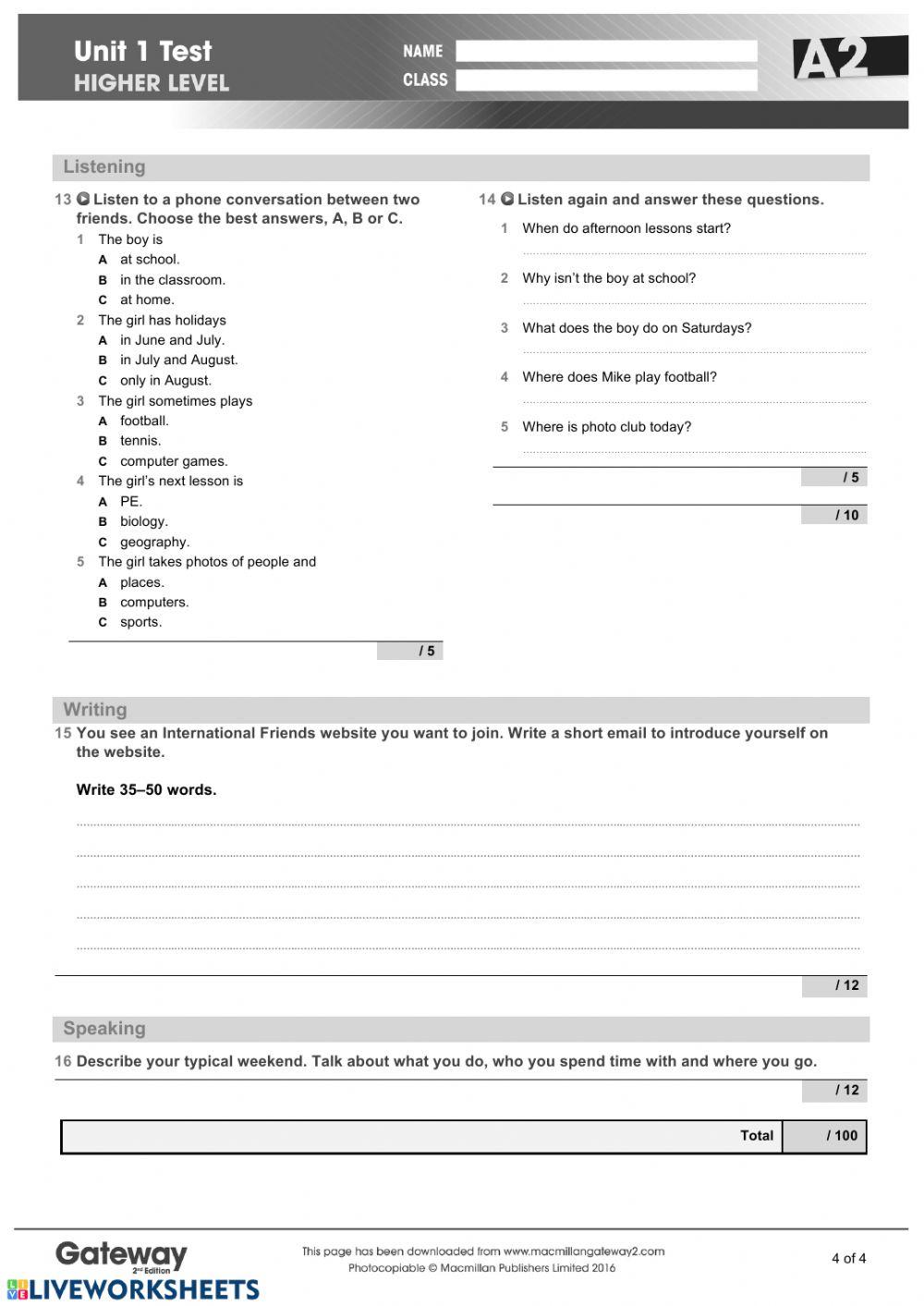 TEST UNIT 1 A2 online exercise for | Live Worksheets