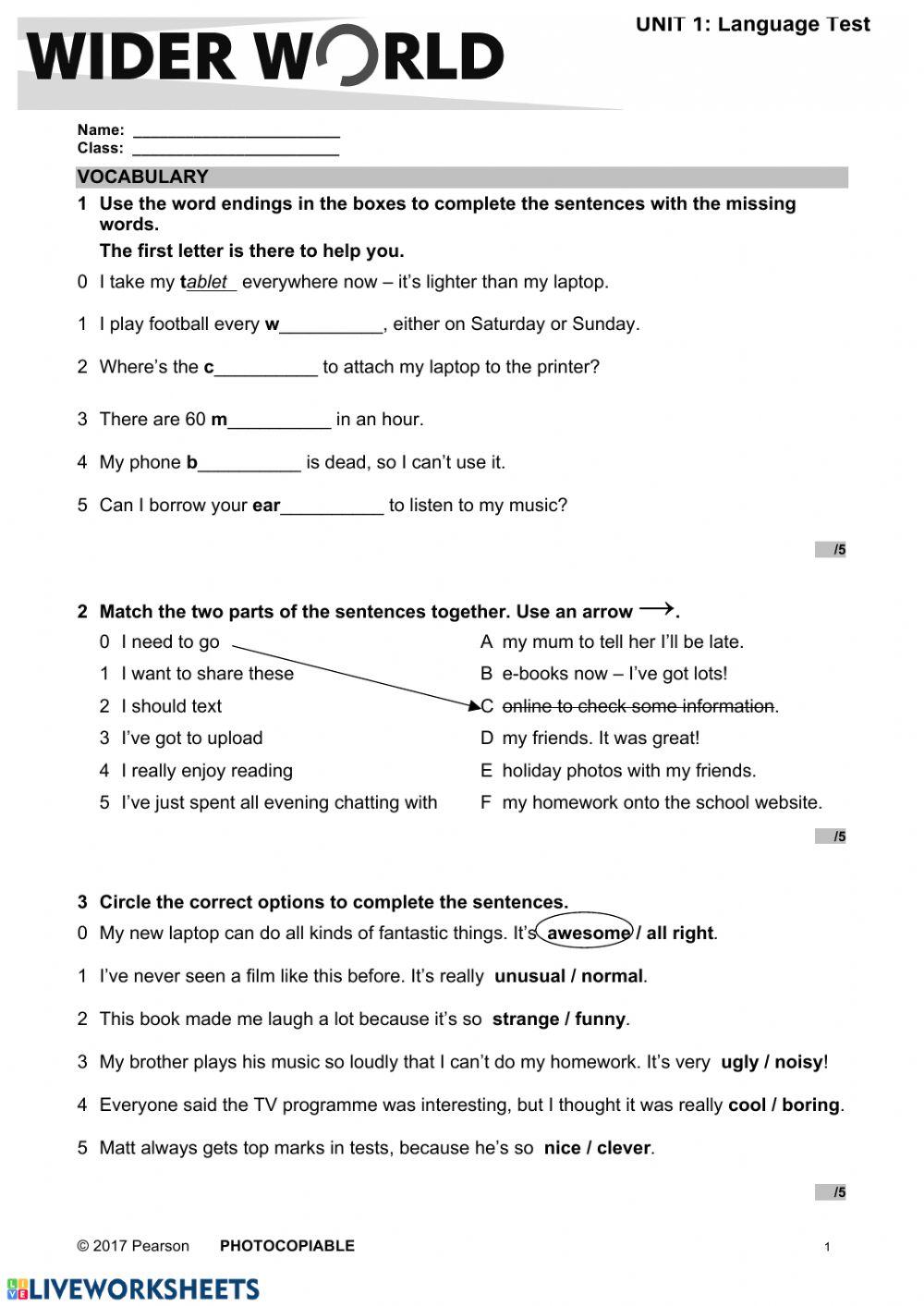 Wider World 3 unit 1 test online exercise for | Live Worksheets