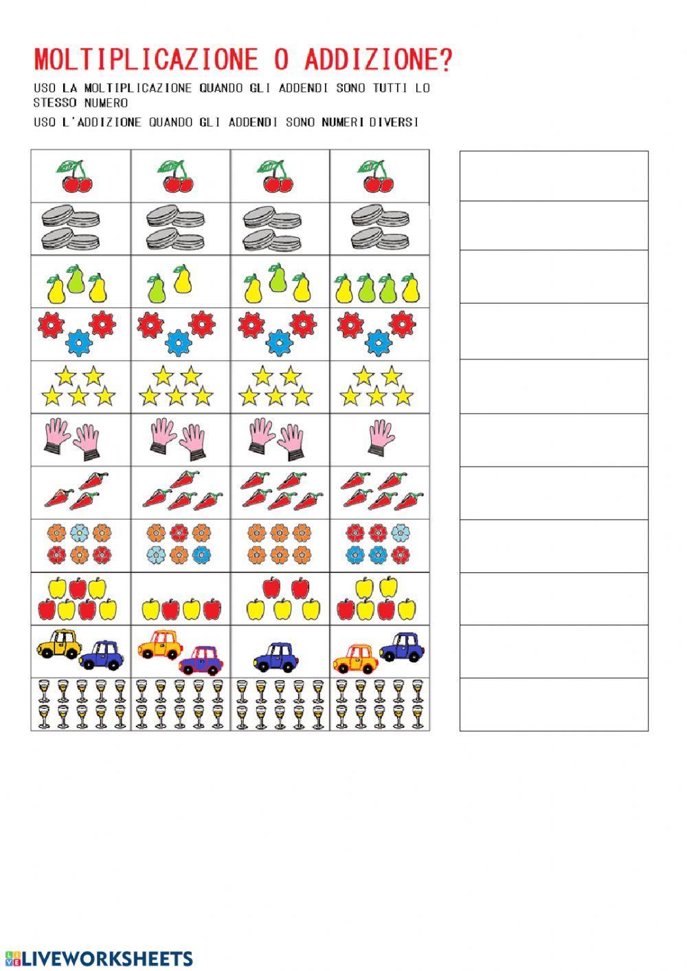 Moltiplicazione o addizione? worksheet | Live Worksheets