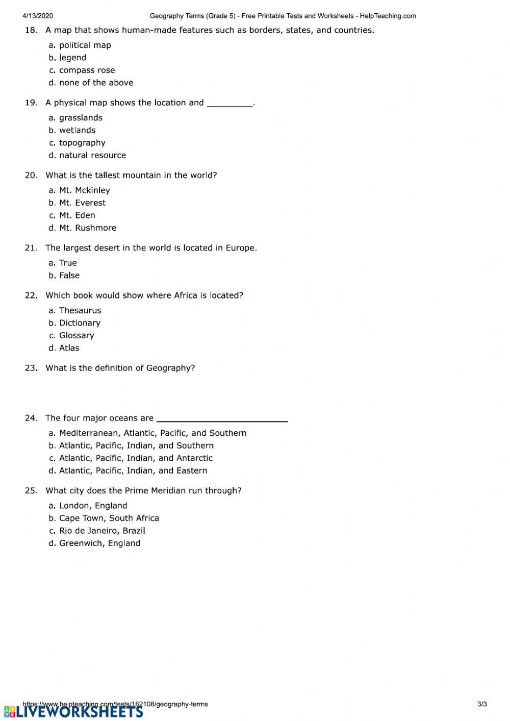 Grade 5 - Geography terms (work in progress) online exercise for | Live ...