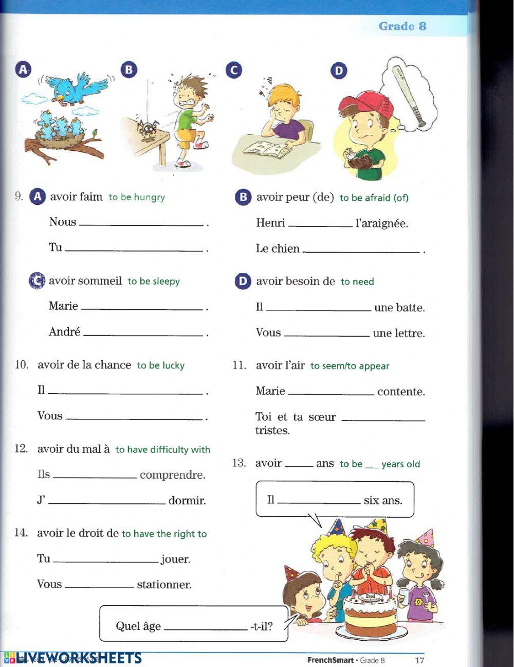 Les expressions avec «avoir» (8e) online exercise for | Live Worksheets