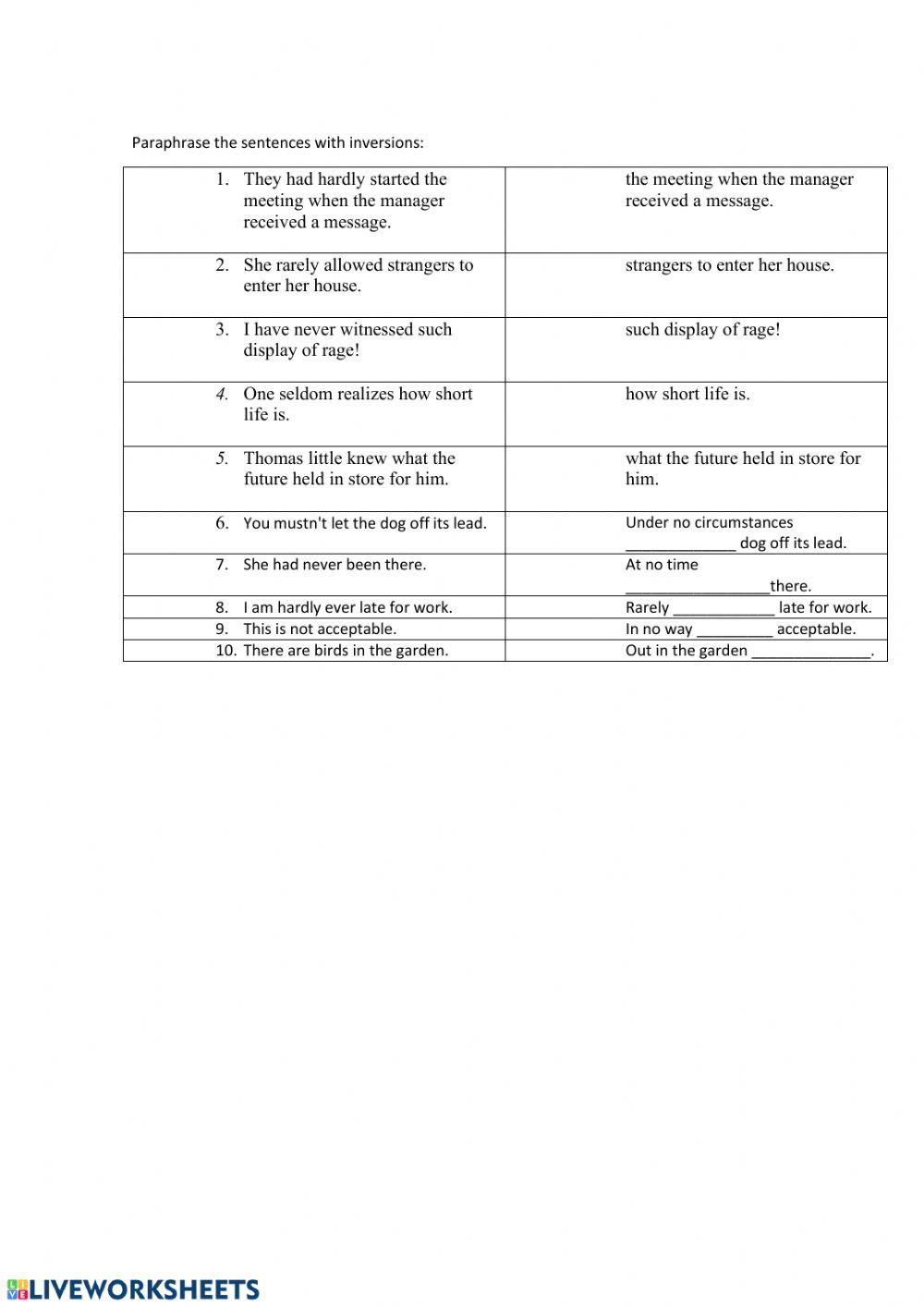 Inversion revision worksheet | Live Worksheets