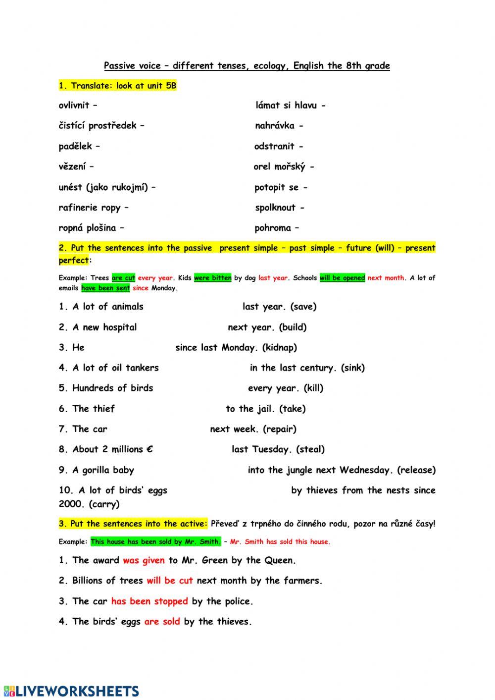 Passive voice - different tenses, ecology, the 8th grade