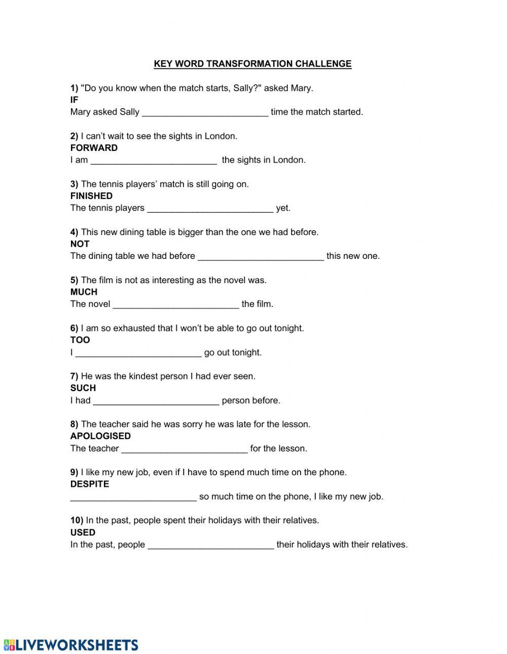 Key Word Transformations 1 worksheet | Live Worksheets