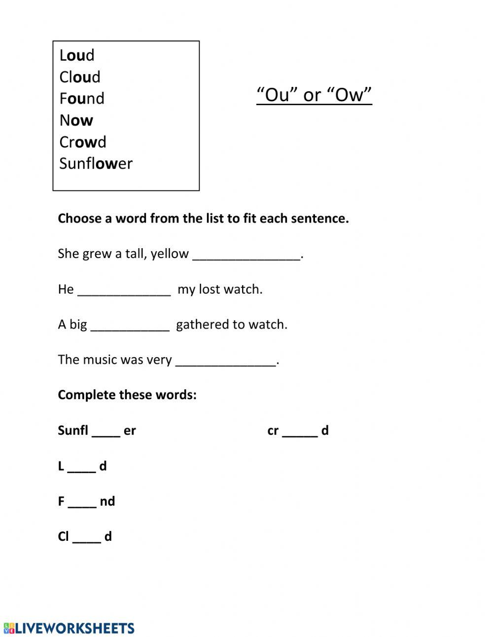Ou - ow | Free Interactive Worksheets | 98699