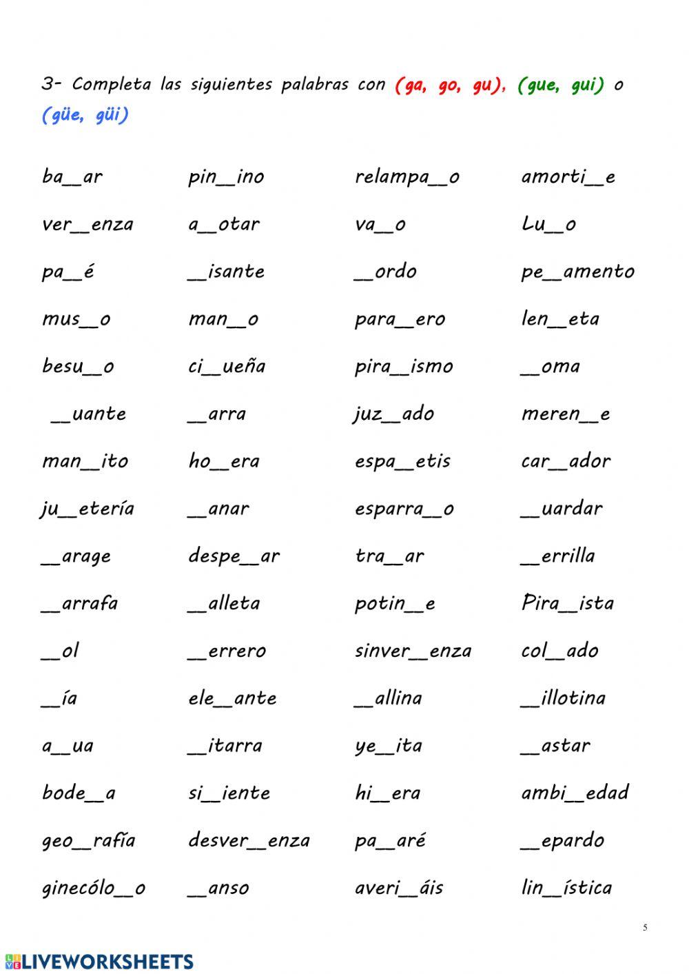 Uso De G Gu Gü Online Exercise For Live Worksheets