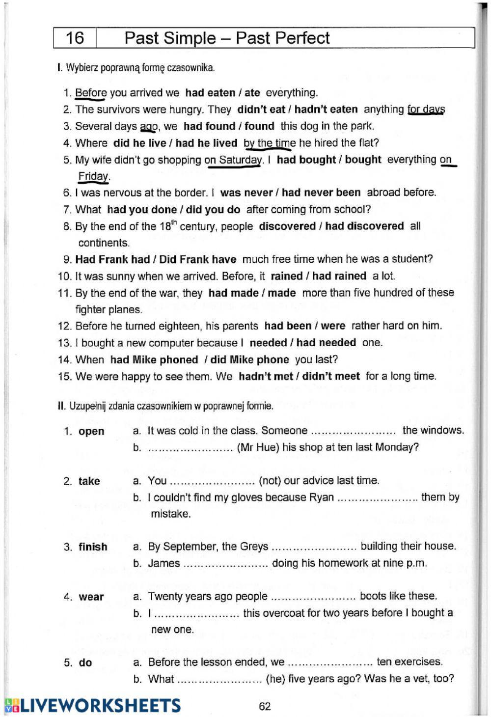 Past Perfect versus Past Simple worksheet | Live Worksheets